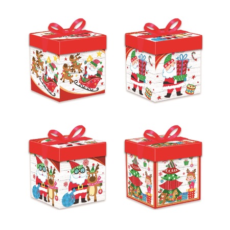 Set 4 cutii cadou multicolor, 10x10x10 cm, diverse modele, mos craciun ...