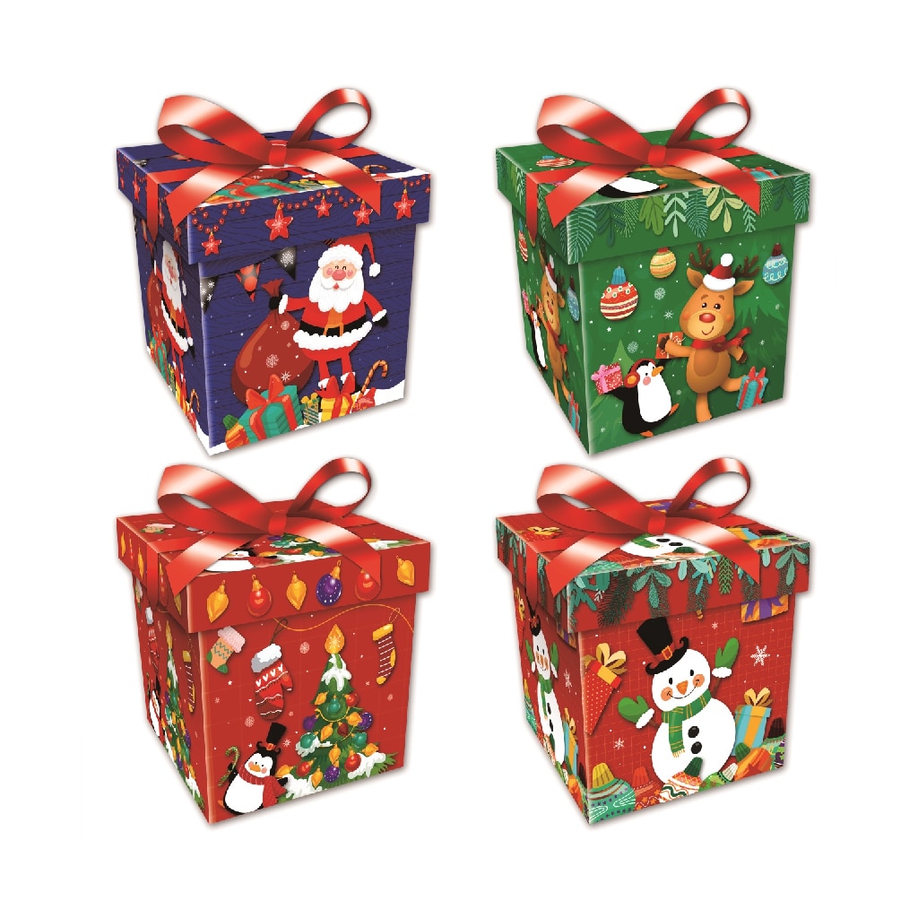 Комплект от 4 разноцветни подаръчни кутии 22х22х22 см различни коледни ...