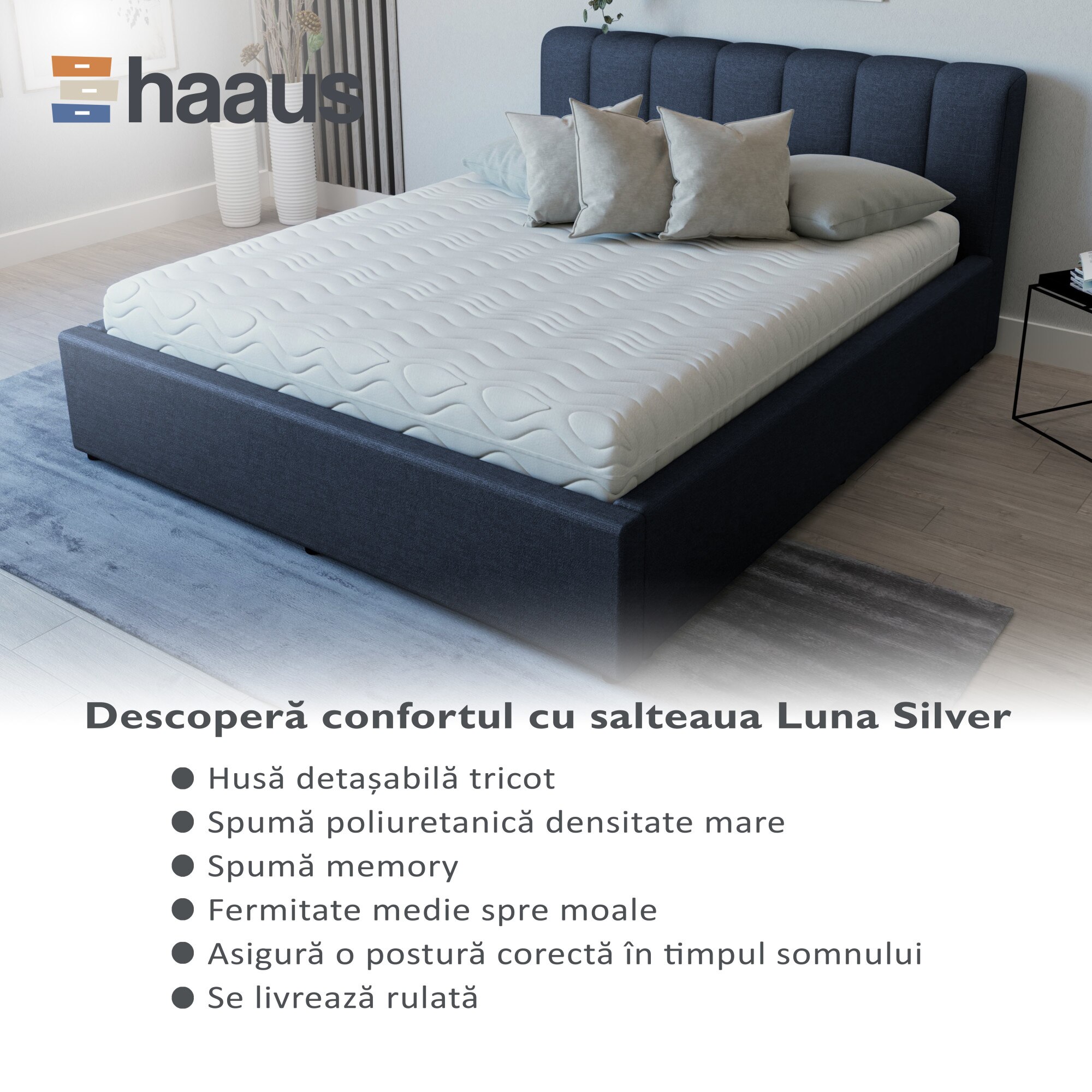 Saltea Ortopedica, haaus, Luna Silver, spuma Memory, husa detasabila ...