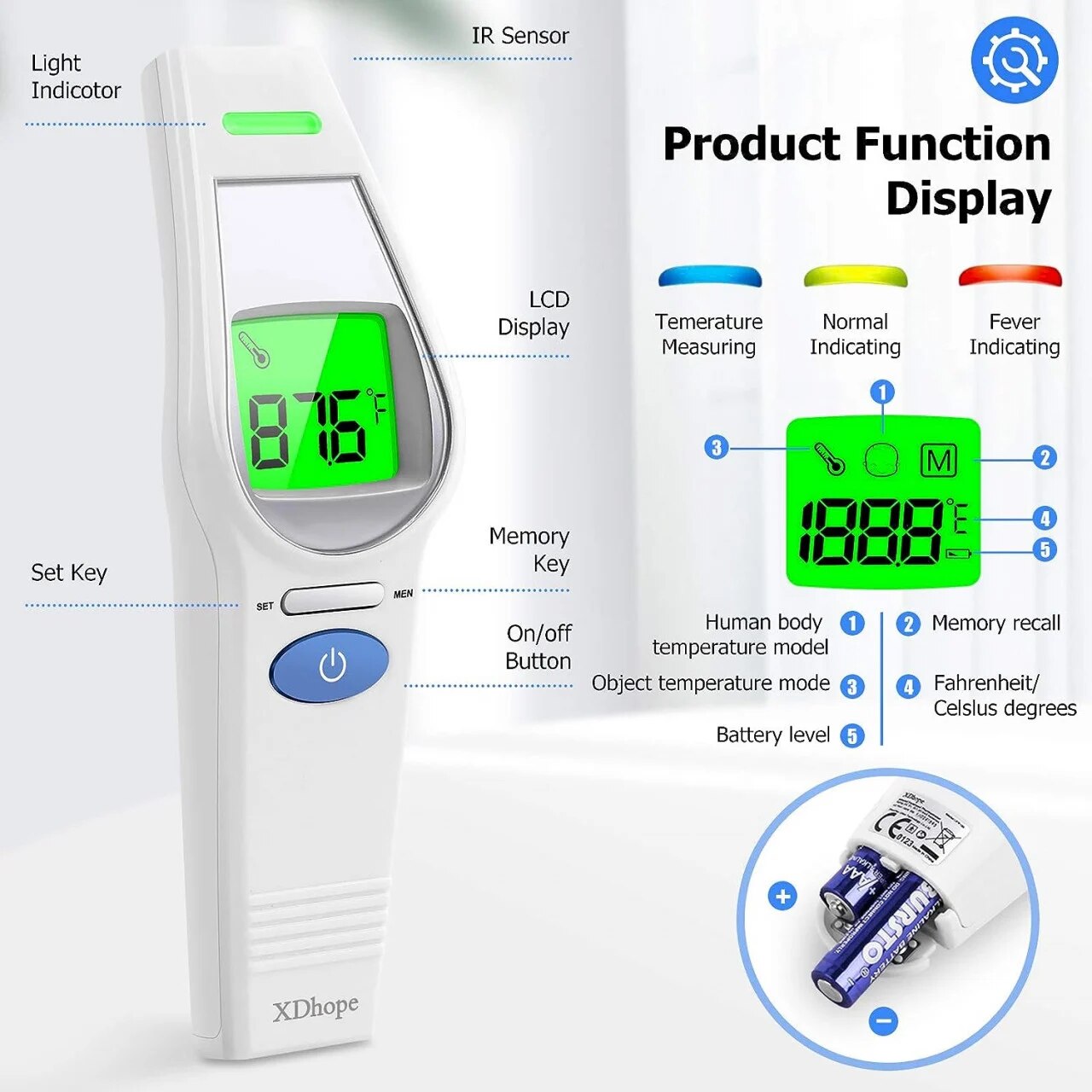 Безконтактен електронен термометър XDhope, полипропилен, бял, LCD - eMAG.bg