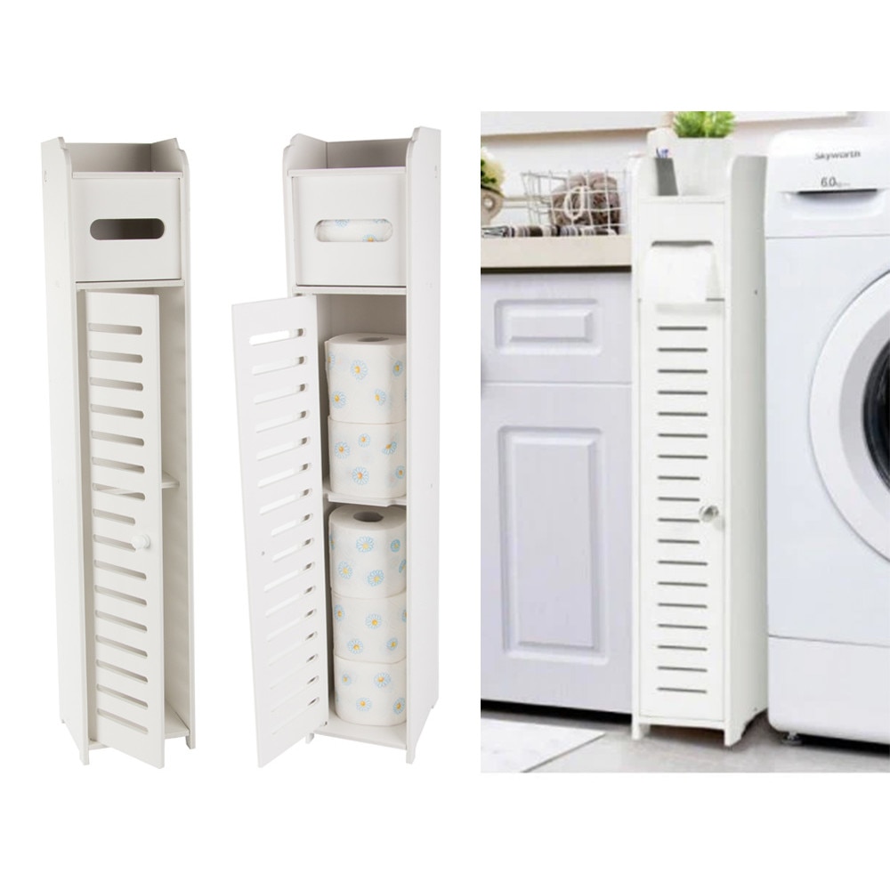 Dulap de baie ingust, din plastic si spuma presata, alb, cu spatiu ...