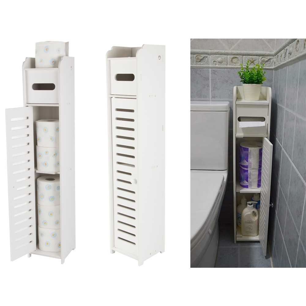 Dulap de baie ingust, din plastic si spuma presata, alb, cu spatiu ...