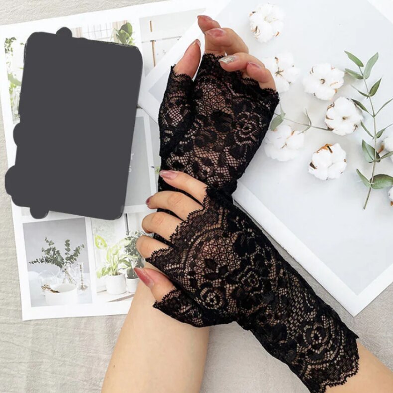 Set 2 manusi elegante cu broderie florala, CRM, din dantela, fara deget ...