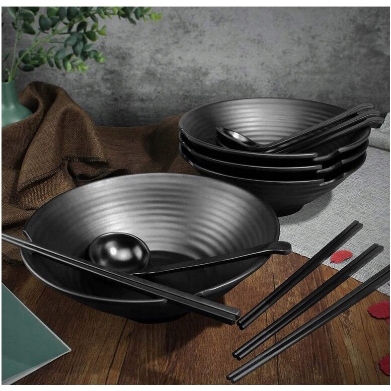 Set 4 boluri ramen si accesorii, Melamina, 1100ml, Negru - eMAG.ro