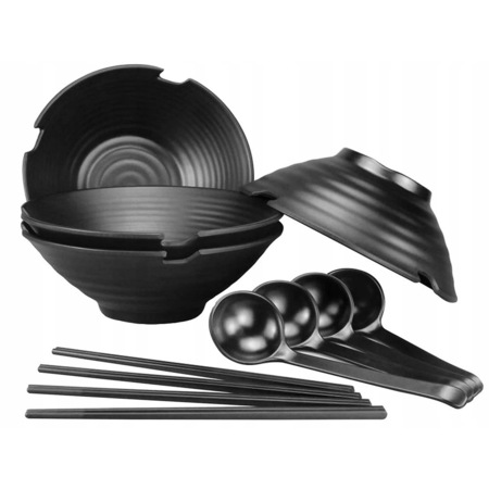 Set 4 boluri ramen si accesorii, Melamina, 1100ml, Negru - eMAG.ro