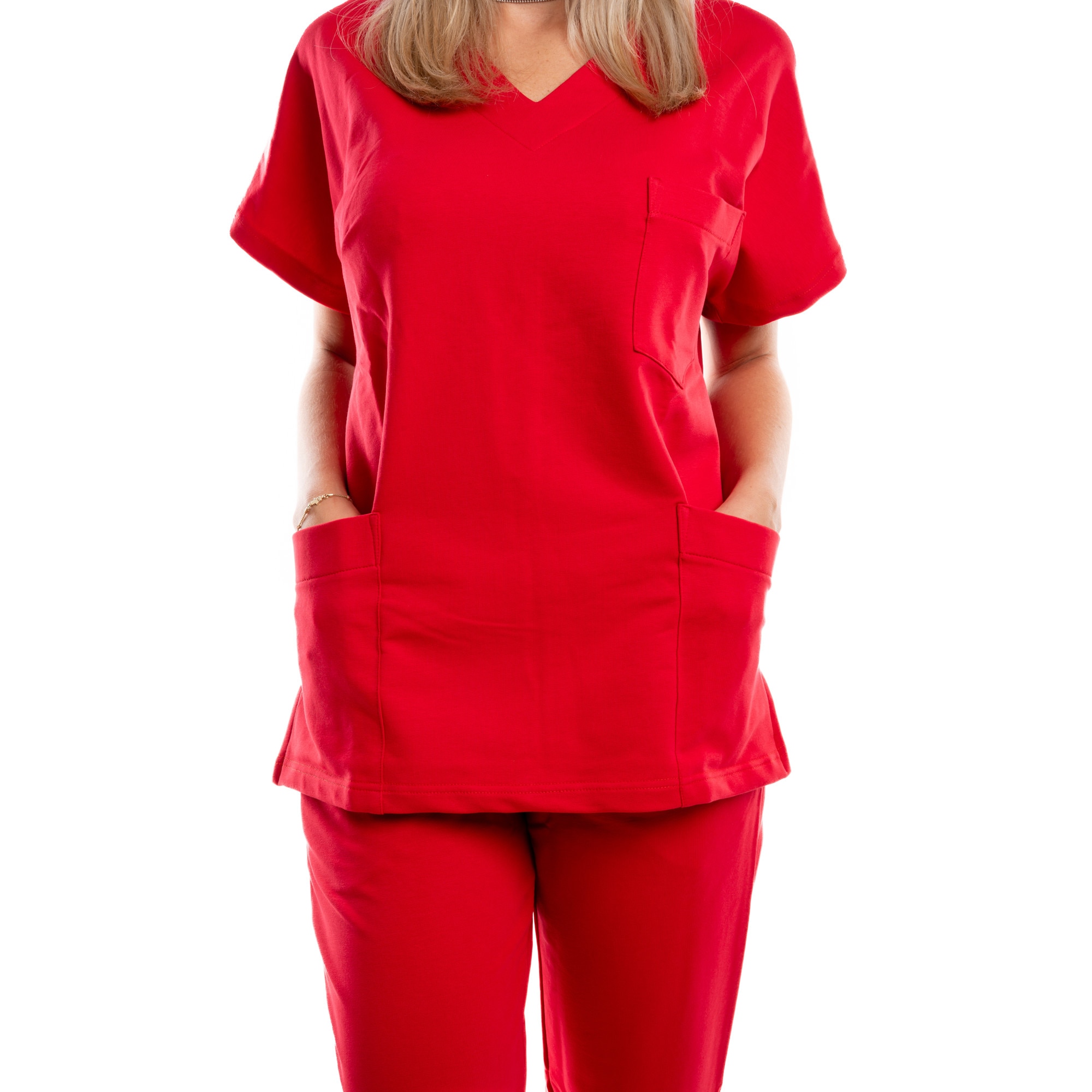 Costum medical dama, Lia Veselie, bumbac premium, model clasic, rosu ...