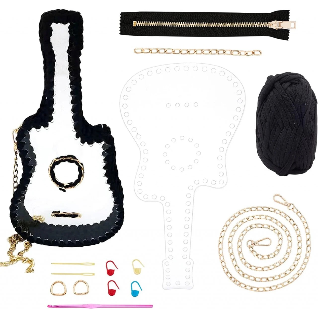 Kit de tricotat in forma de chitara Wadorn, acril/metal/bumbac, negru ...