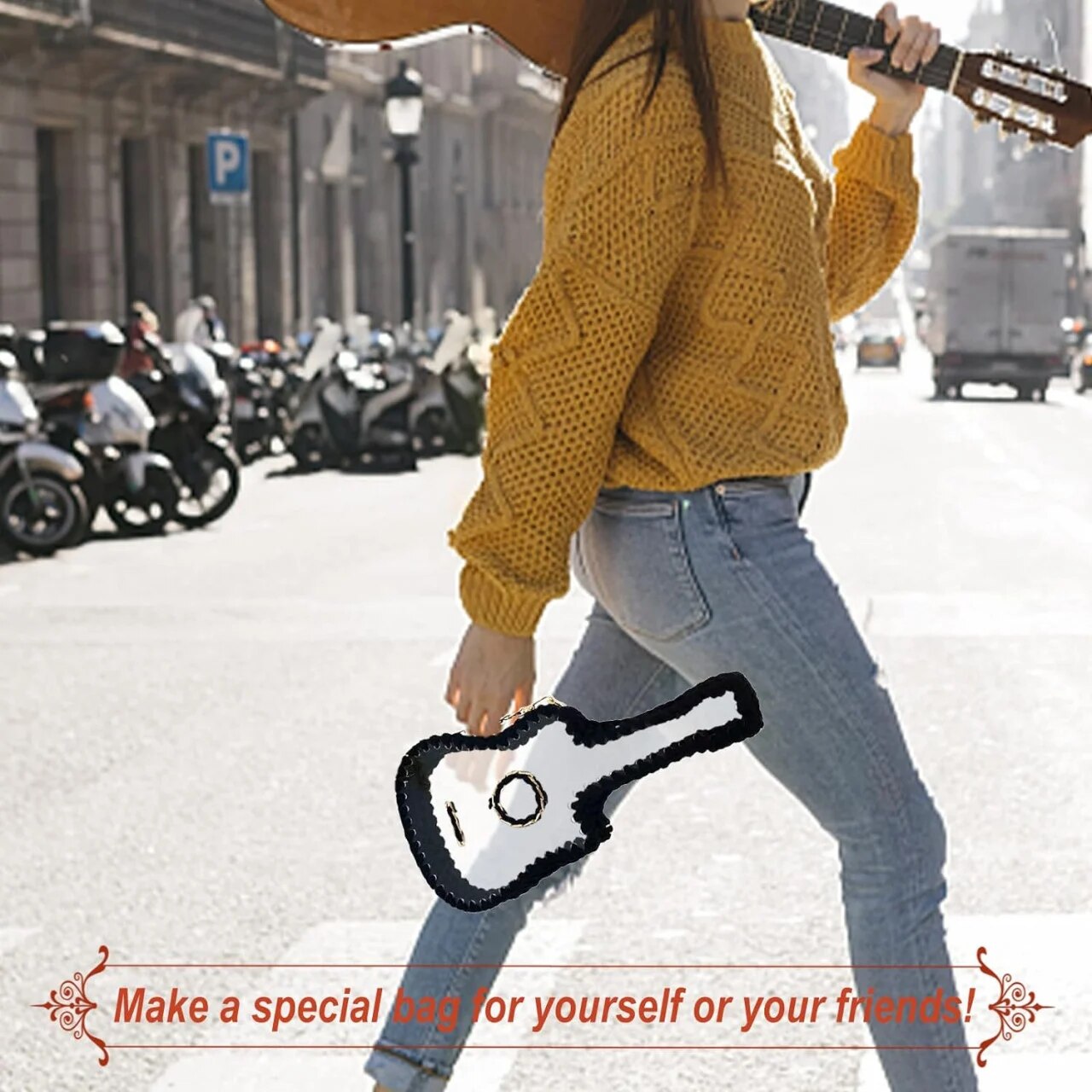 Kit de tricotat in forma de chitara Wadorn, acril/metal/bumbac, negru ...