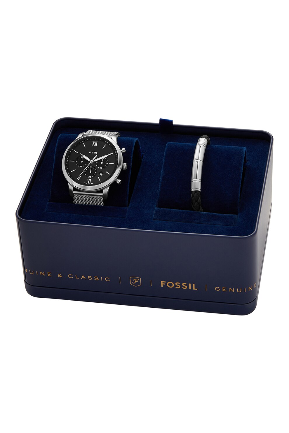 Fossil, Часовник от неръждаема стомана и кожена гривна, Сребрист, Черен ...