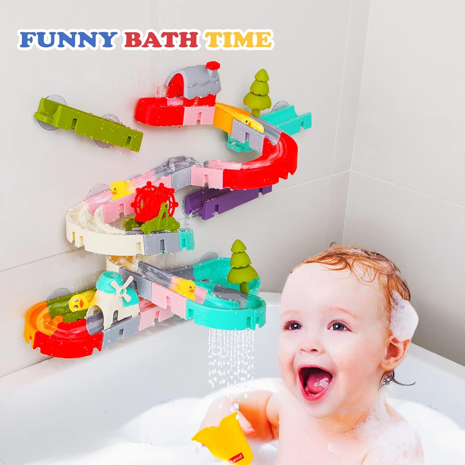 Set ratusca cu tobogan baie, Sunmostar, Plastic, Multicolor, 62 bucati ...