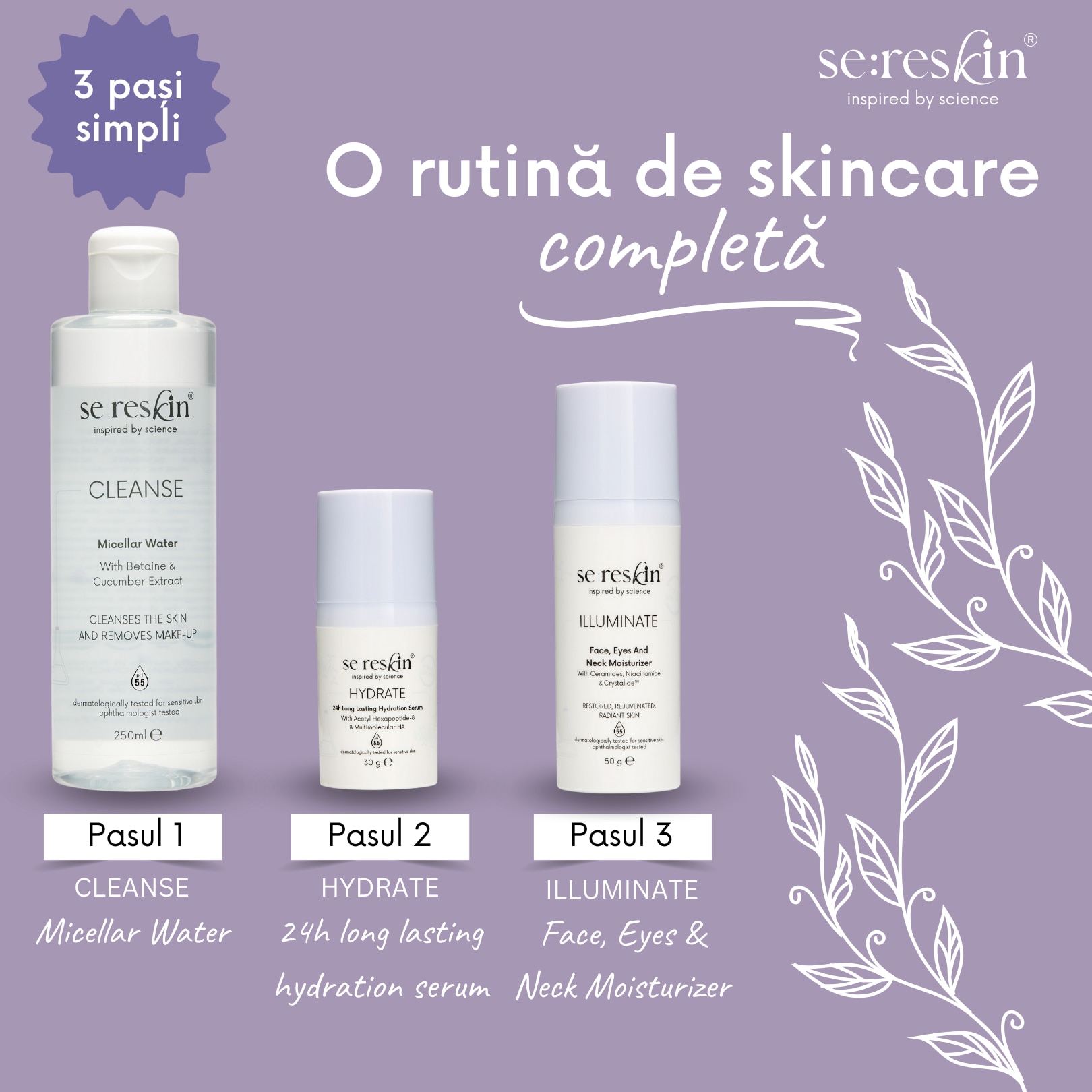 Set 3 produse Sereskin, rutina completa, Ser Hydrate + Crema Illuminate ...