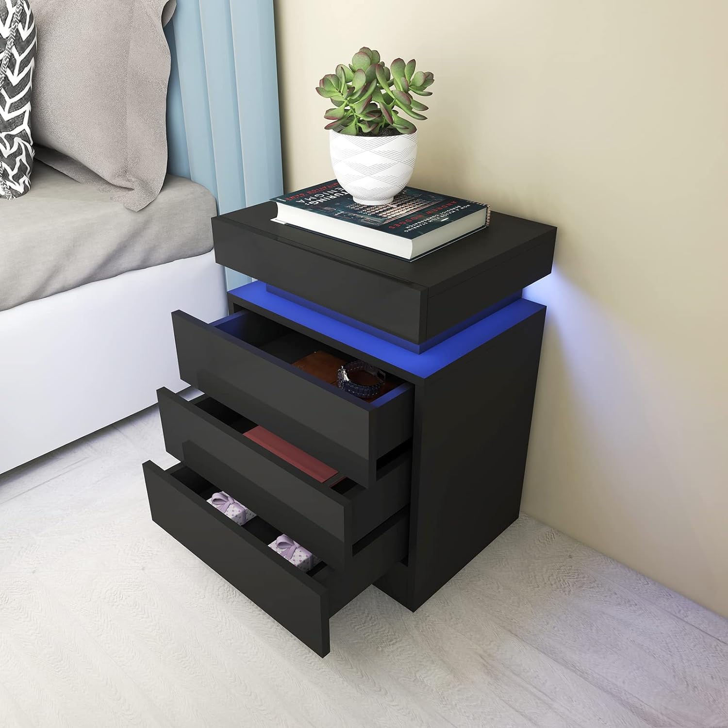 Noptiera, 3 Sertare, Multifunctionala, RGB, Lemn, Negru - eMAG.ro