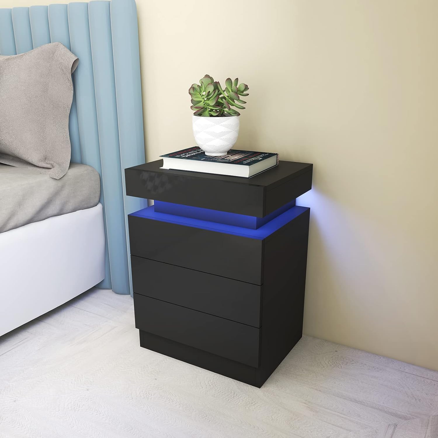 Noptiera, 3 Sertare, Multifunctionala, RGB, Lemn, Negru - eMAG.ro