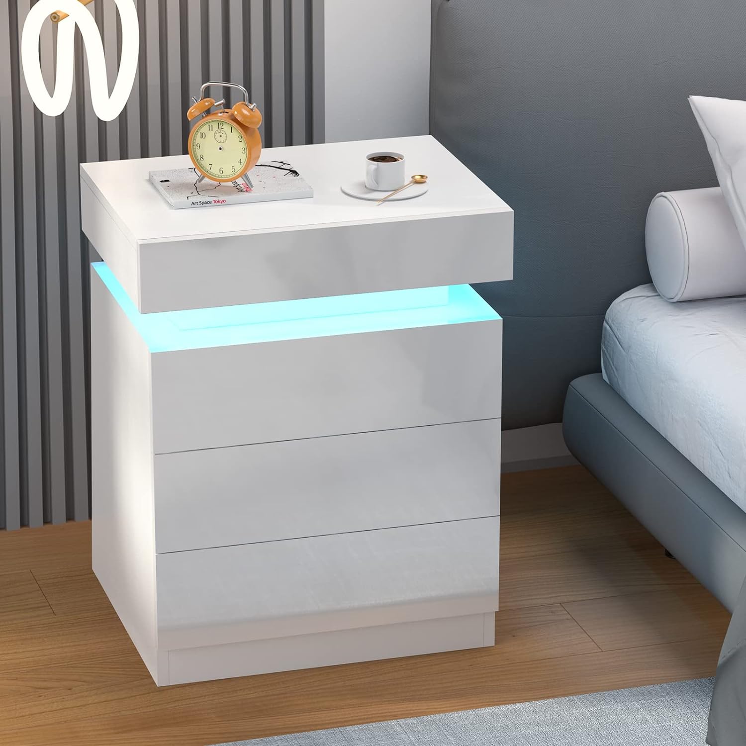 Noptiera, Lemn, 3 Sertare, RGB, Multifunctionala, Alb - eMAG.ro