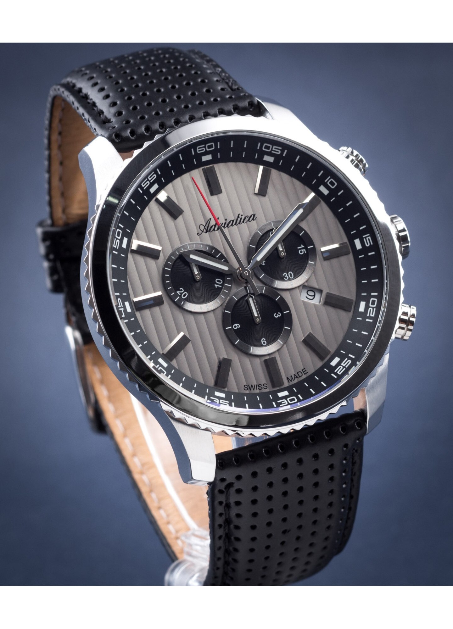 Ceas barbatesc Cronograph, Adriatica, Inox/Piele naturala, Negru ...