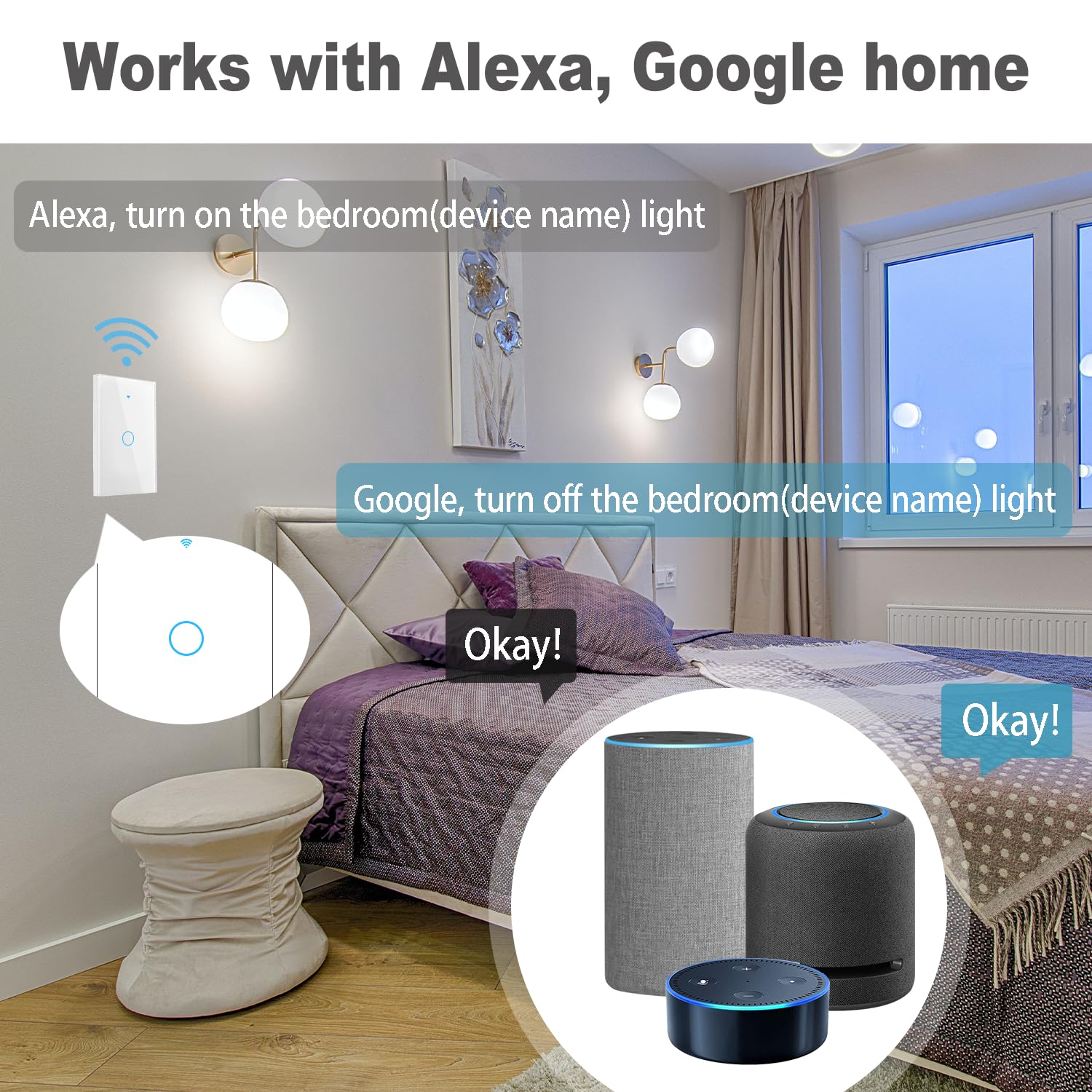 Смарт WiFi сензорен ключ, Единичен, Съвместим с Alexa, Google home ...