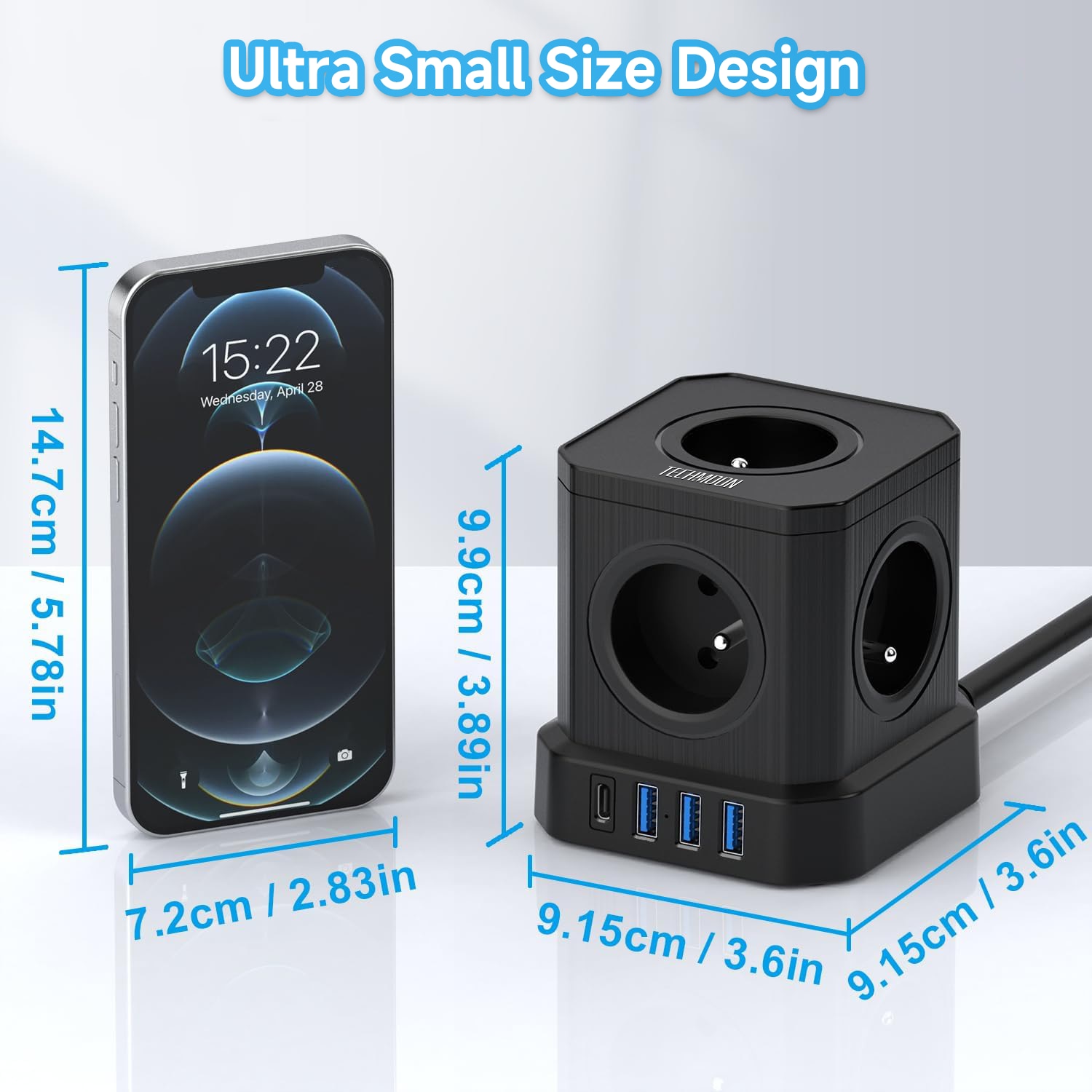 Prelungitor Tip Turn, Techmoon®, 3xUSB/1xType-C/5xPrize curent alternativ, Protectie la ...