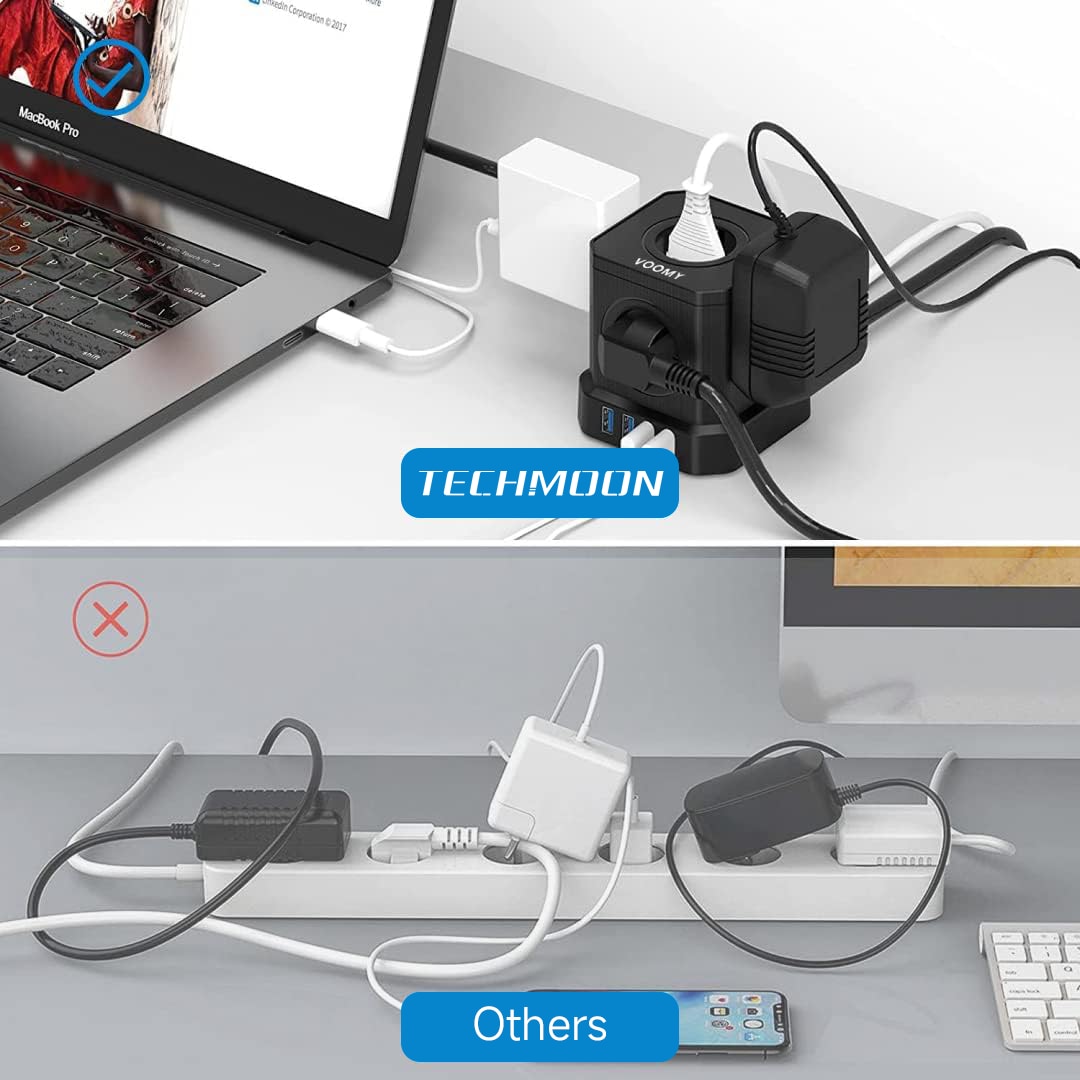 Prelungitor Tip Turn, Techmoon®, 3xUSB/1xType-C/5xPrize curent alternativ, Protectie la ...