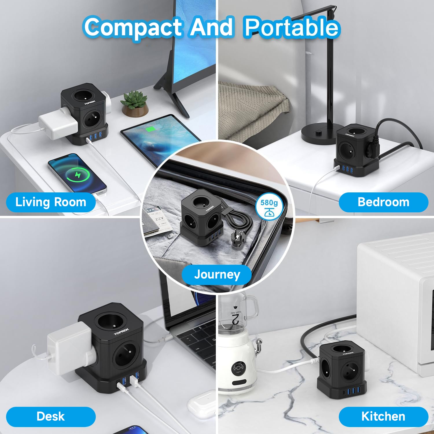 Prelungitor Tip Turn, Techmoon®, 3xUSB/1xType-C/5xPrize curent alternativ, Protectie la ...