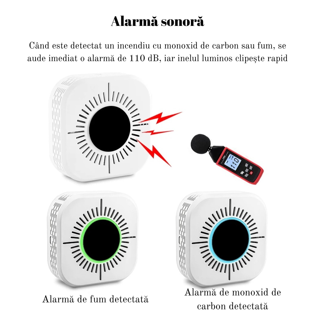 Detector de fum si monoxid de carbon 2 in 1, Multifunctional, Alarma ...