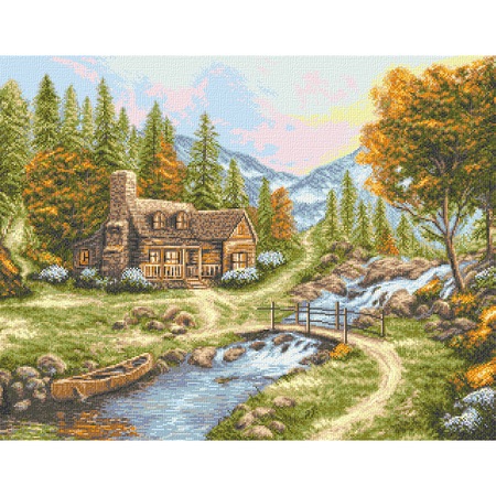 Goblen Cabana padurarului, Rogoblen, kit cu panza Zweigart imprimata, fire mouline, 25 x 32 cm ...