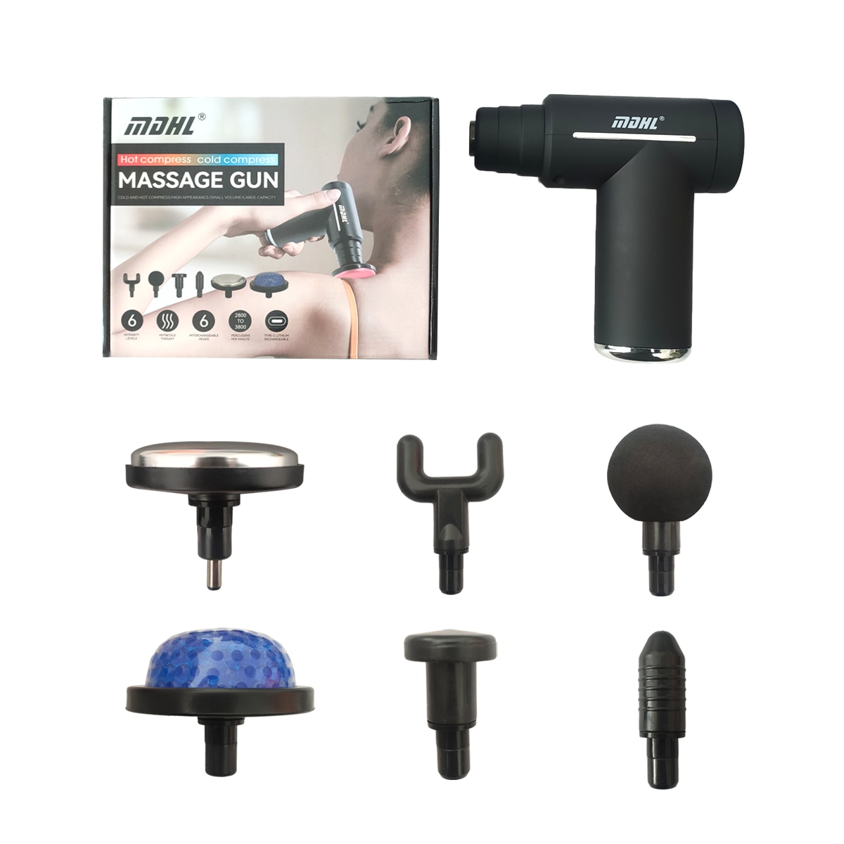 Fascia Gun Massager, MDHL, 6 режима на скорост, 6 сменяеми масажиращи ...