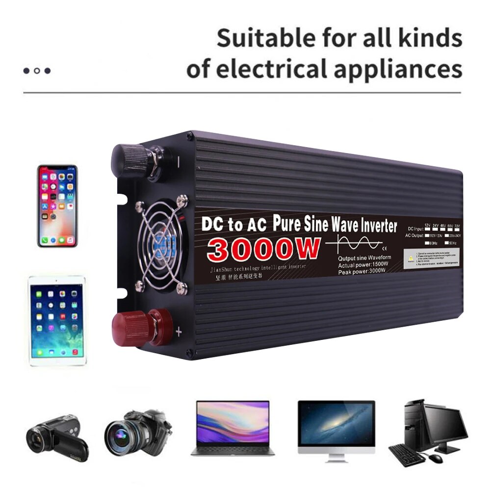 Invertor, 12V-220V, 1500W-3000W, unda sinusoidala, aliaj de aluminiu, negru - eMAG.ro