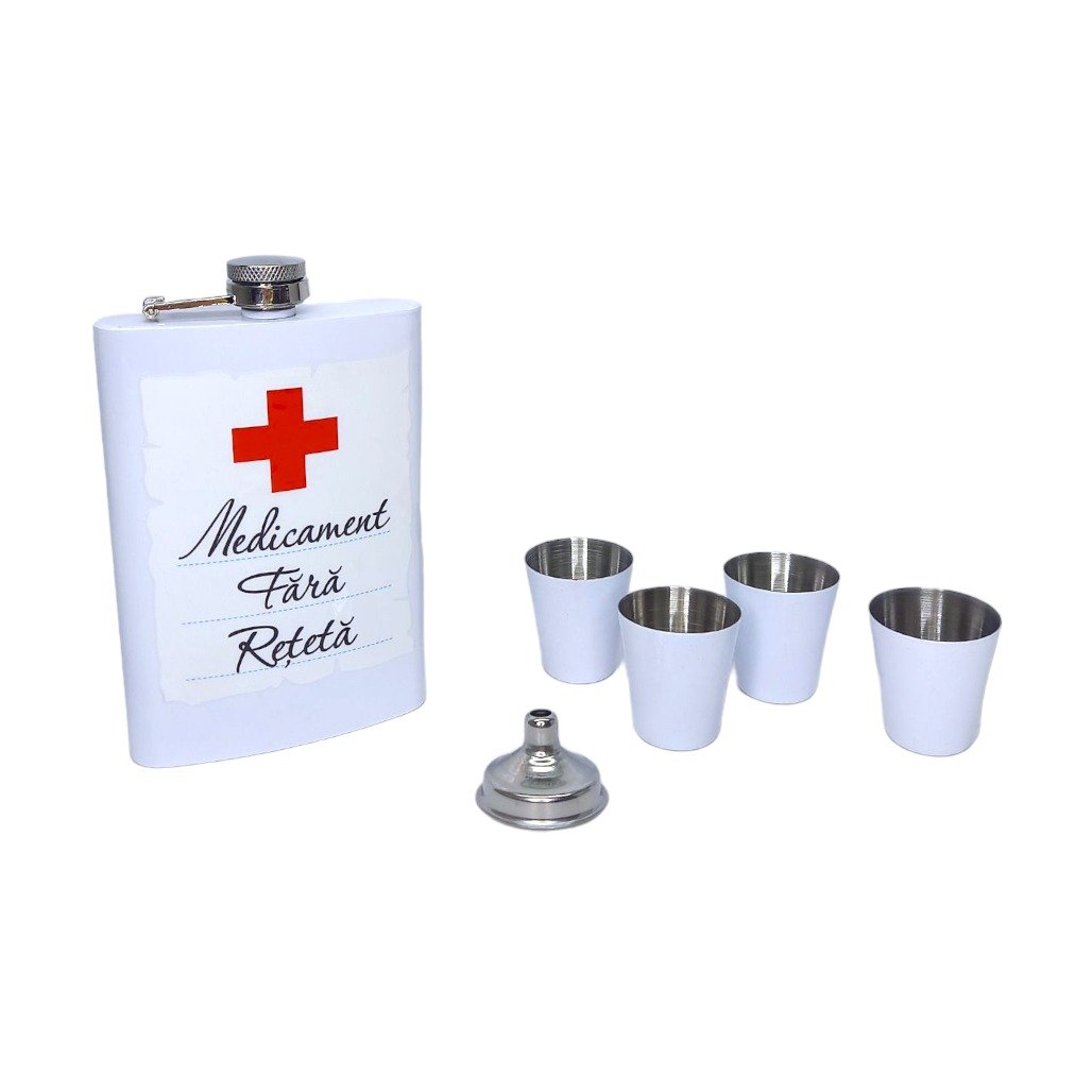 Set plosca personalizata cu 4 pahare, "Medicament fara reteta", 235 ml ...