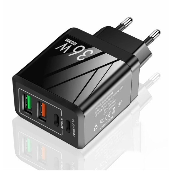 Adaptor incarcator, 2 USB + 2 USB C, 36W, incarcare rapida, cablu C ...