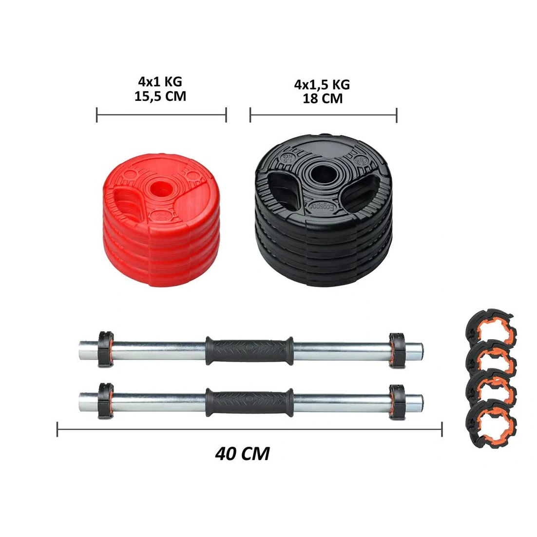 Set gantere reglabile de 10 KG cu 2 bare de 40 cm lungime si 2x1KG ganatere PVC, Rosu, Negru ...