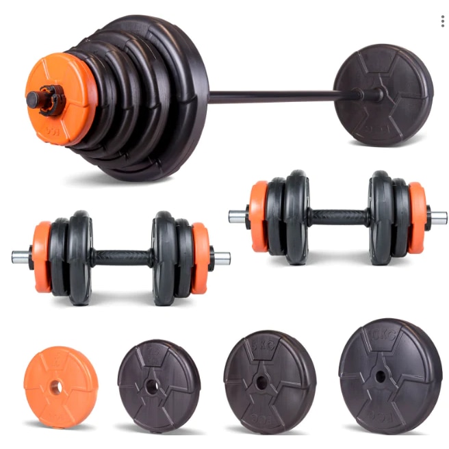 Set haltera si gantere reglabile de 58 KG cu 2 bare de 45 cm lungime, o bara de 150 cm lungime ...