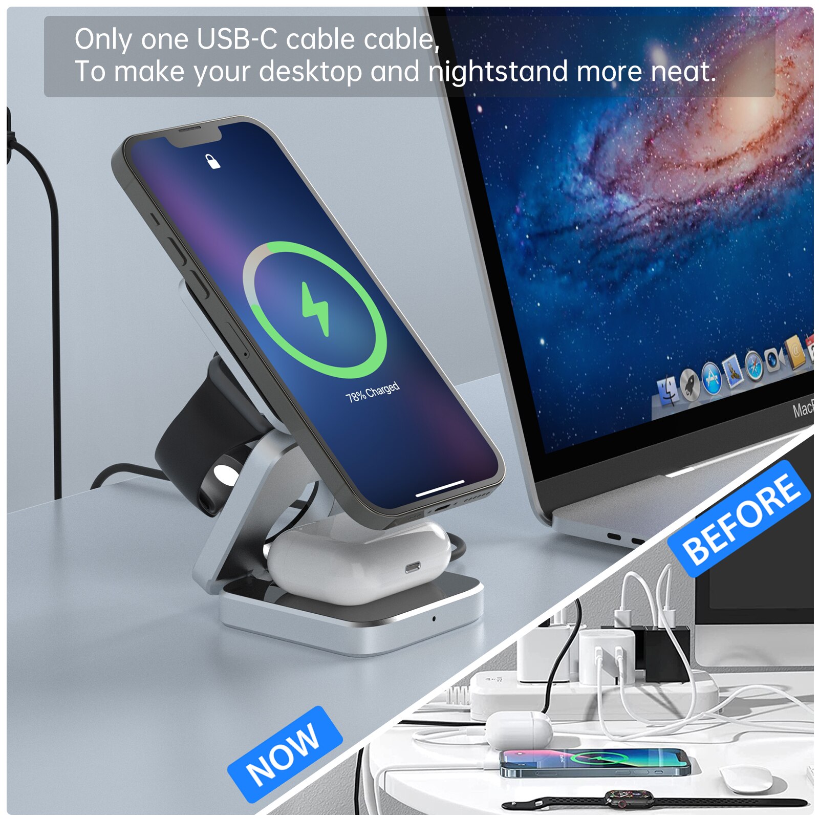 Incarcator Wireless 3 in 1 LUVLU™, Pliabil, QI Fast Charge 15W ...
