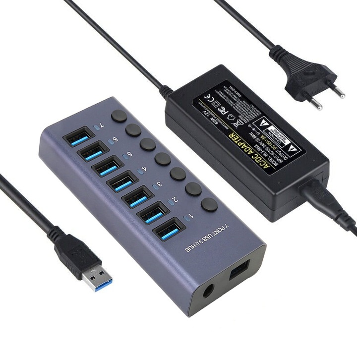 Hub USB 3.0 cu 7 porturi, comutator individual 5V 2.4A Hub de iesire cu ...