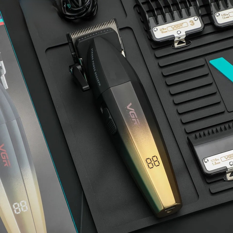 Set masina de tuns profesionala VGRshop, afisaj LED, autonomie 250 min, 9000 rpm, perie fade si ...