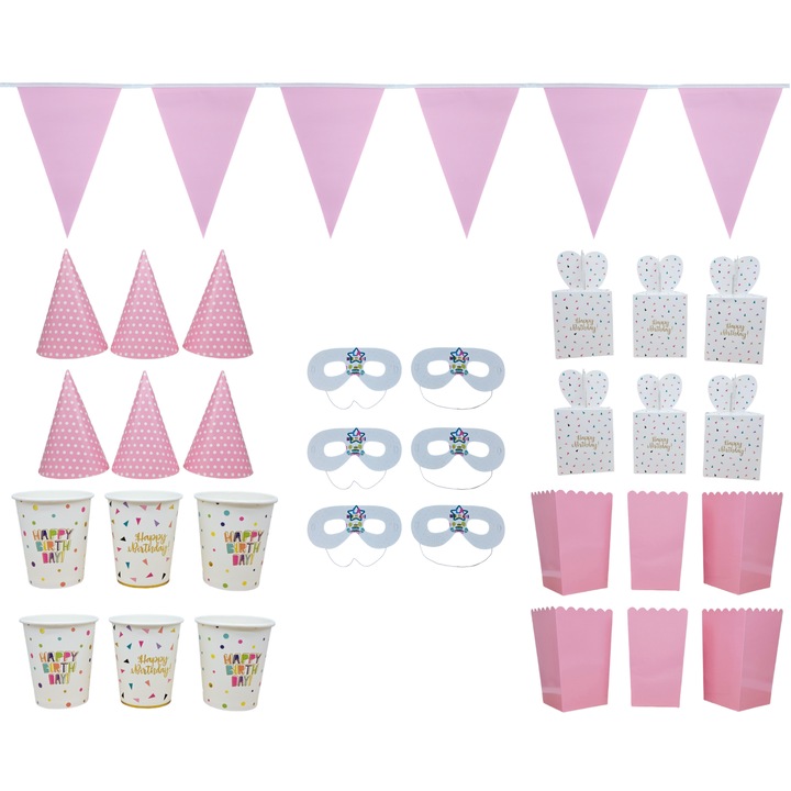 Set 31 accesorii pentru petrecere, Roz, cutii popcorn, ochelari, cutii ...