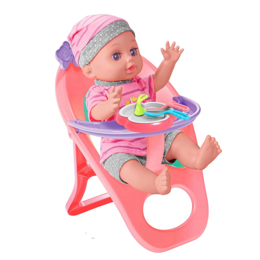 Papusa bebelus 30 cm, 12 sunete cu scaun de hranit si diverse accesorii ...