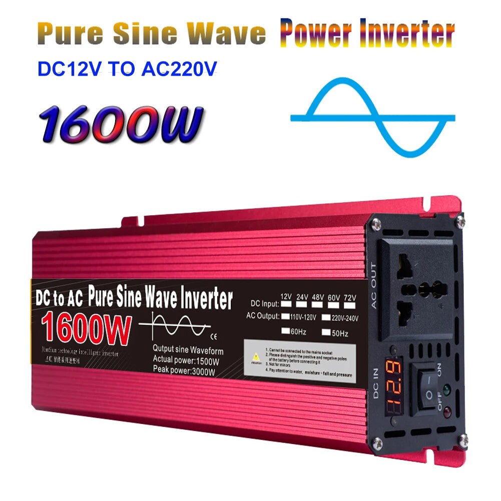 Invertor, 12V, 800-1600W, unda sinusoidala, aliaj de aluminiu, ecran LED, rosu - eMAG.ro