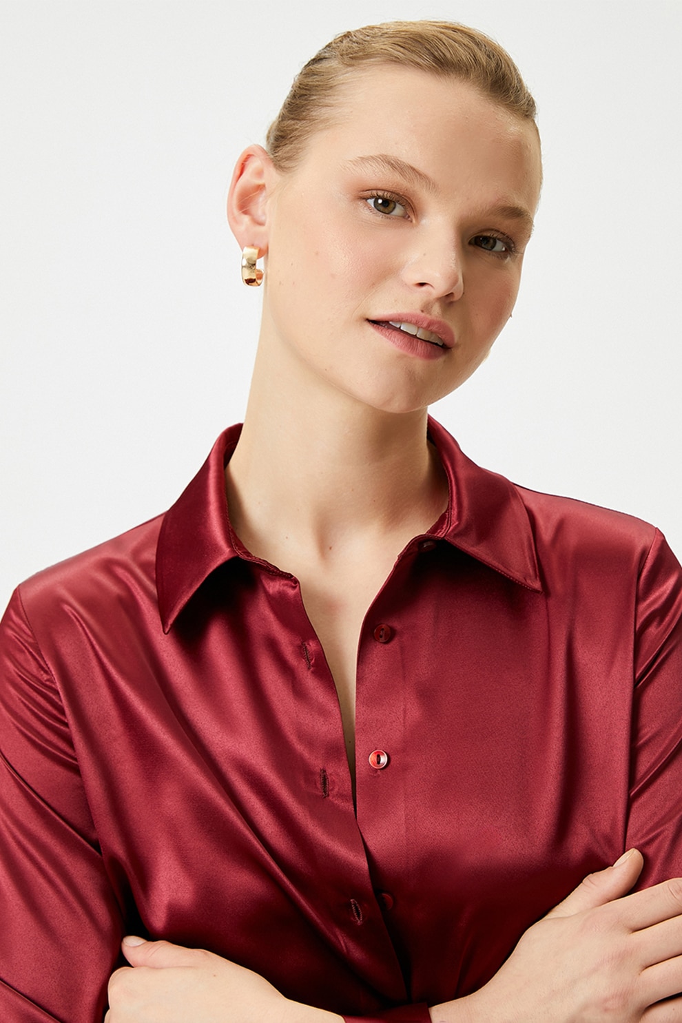 KOTON, Camasa de satin cu guler clasic, Rosu inchis, 40 - eMAG.ro