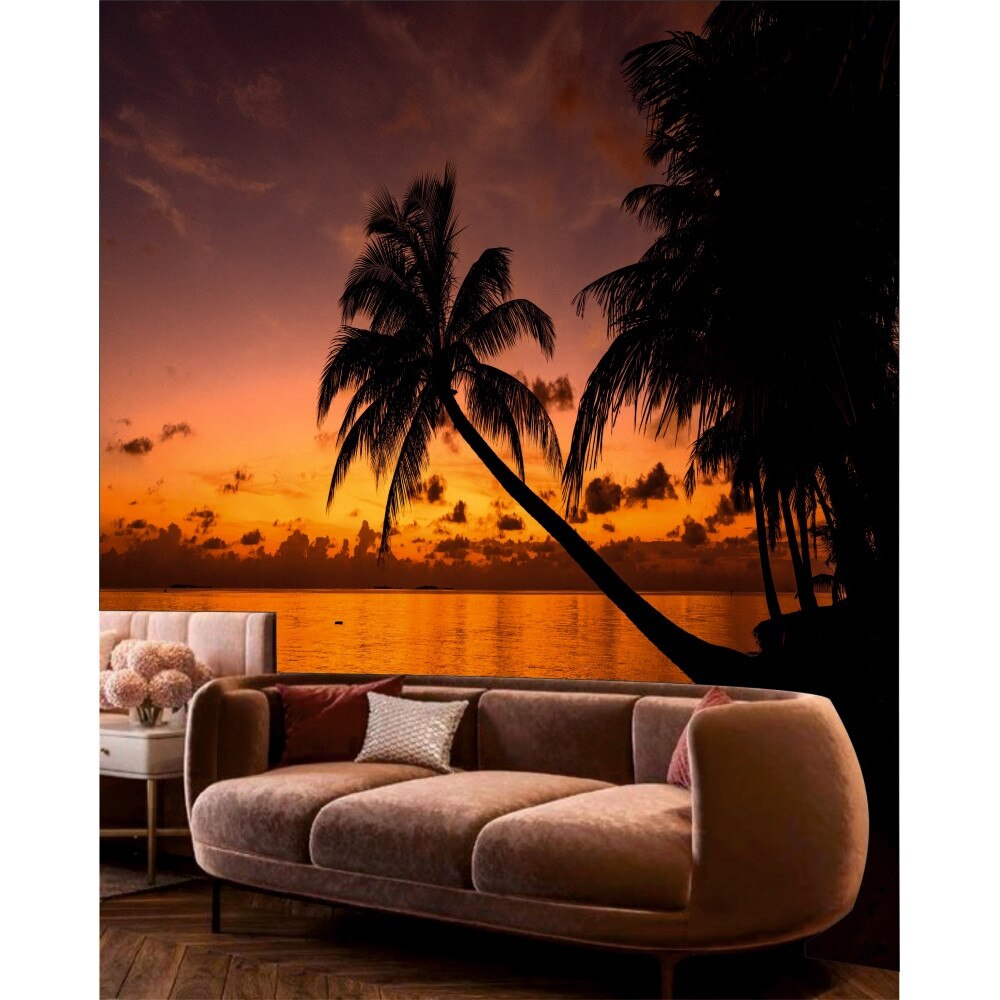 Tapet Autoadeziv PVC, Autocolant, Peisaj plaja cu palmieri la apus, 180 ...