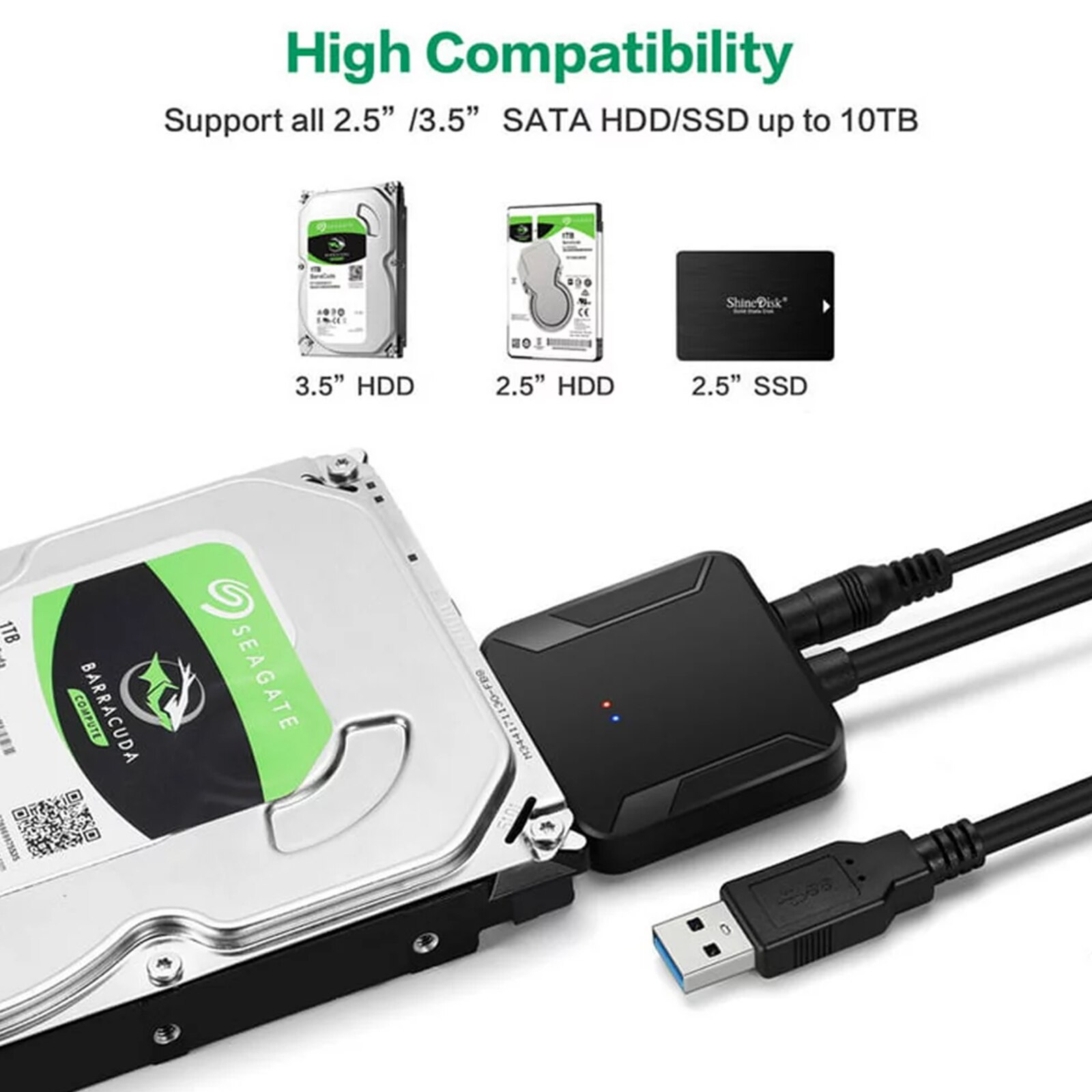 Adaptor USB 3.0 la SATA, Zggzerg, Cu Lumina LED si sursa de alimentare ...