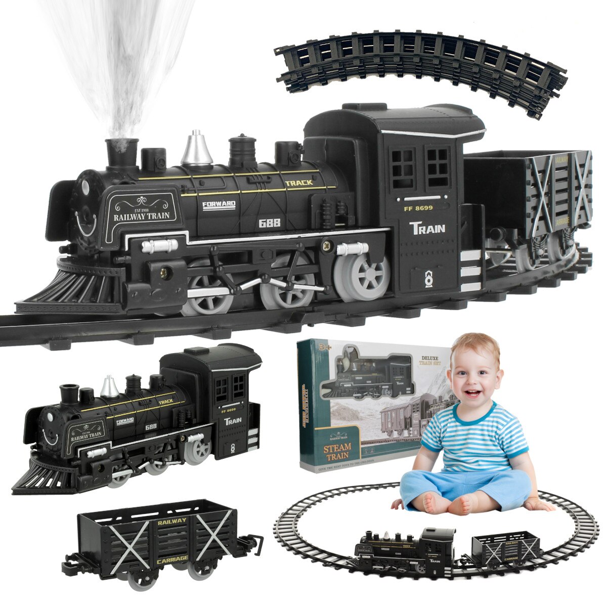 Tren electric pentru copii, locomotiva, fum, alimentat cu baterii Z774 ...