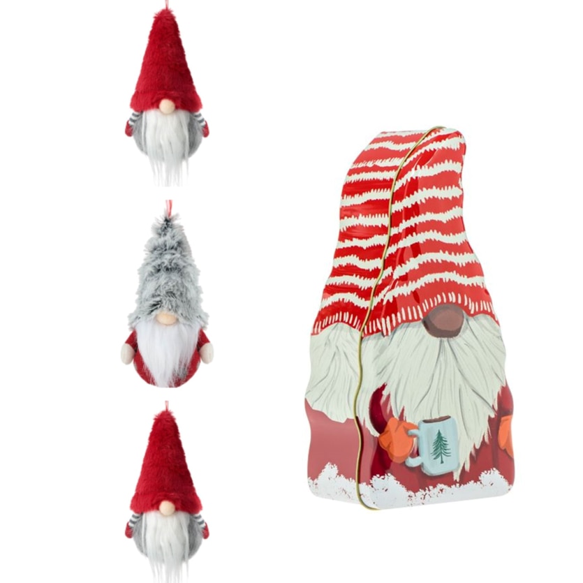 Set 3 ornamente in cutie metalica pentru brad de Craciun, model gnom ...