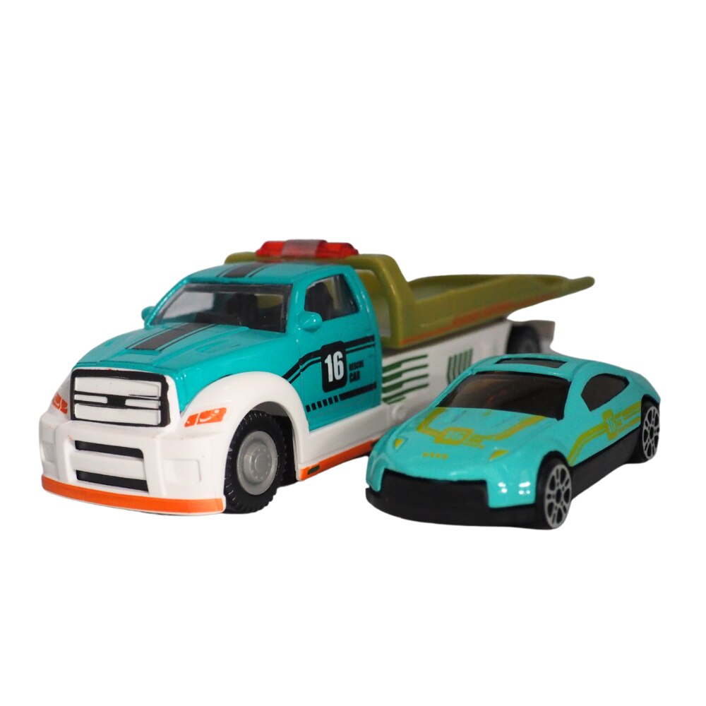 Set camion platforma cu masina, Diecast, metal si plastic, turcoaz, alb ...
