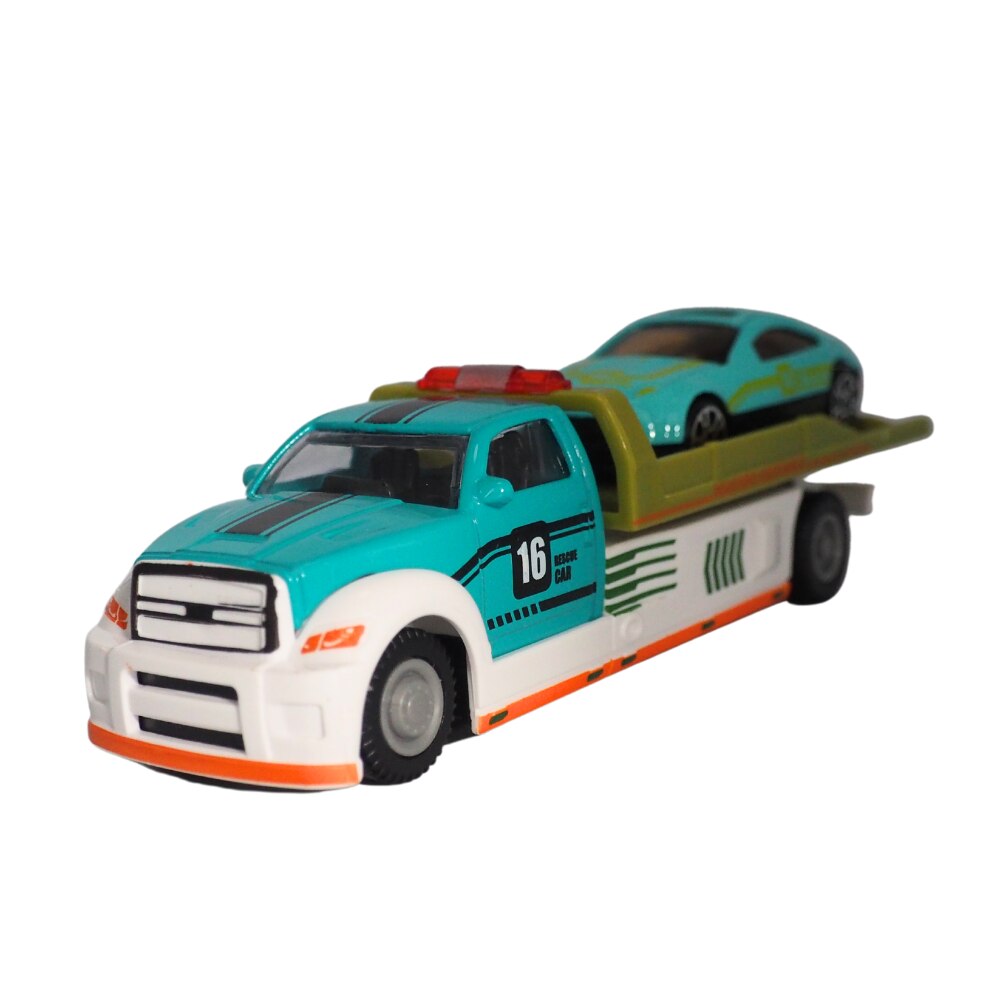 Set camion platforma cu masina, Diecast, metal si plastic, turcoaz, alb ...