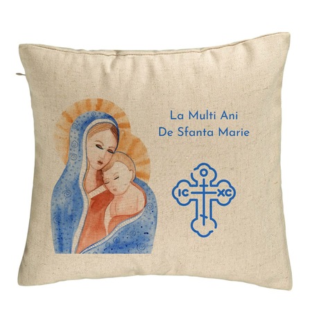 Perna Personalizata, Model La multi ani de Sfanta Maria, 40x40 cm, Bej ...