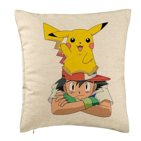 Декоративна възглавница, Детски модел Pikachu Pokemon, 40x40 см, бежов ...