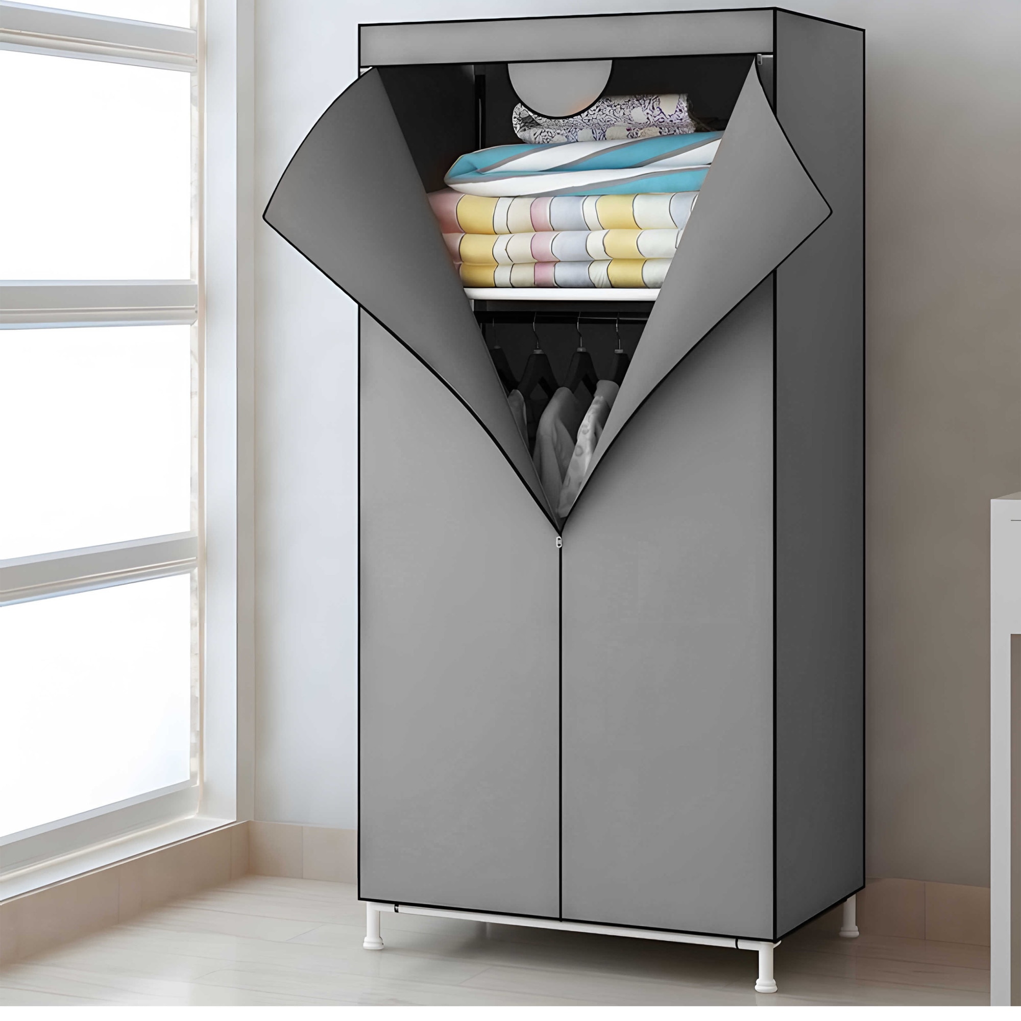 Dulap textil 2 rafturi inchidere fermoar, Gri - eMAG.ro