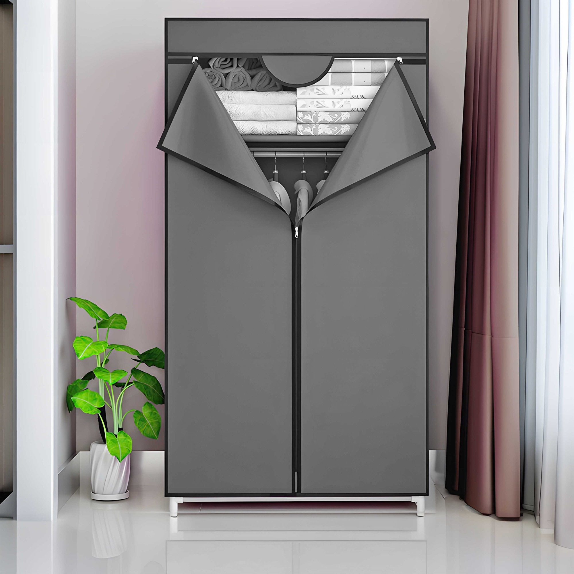 Dulap textil 2 rafturi inchidere fermoar, Gri - eMAG.ro