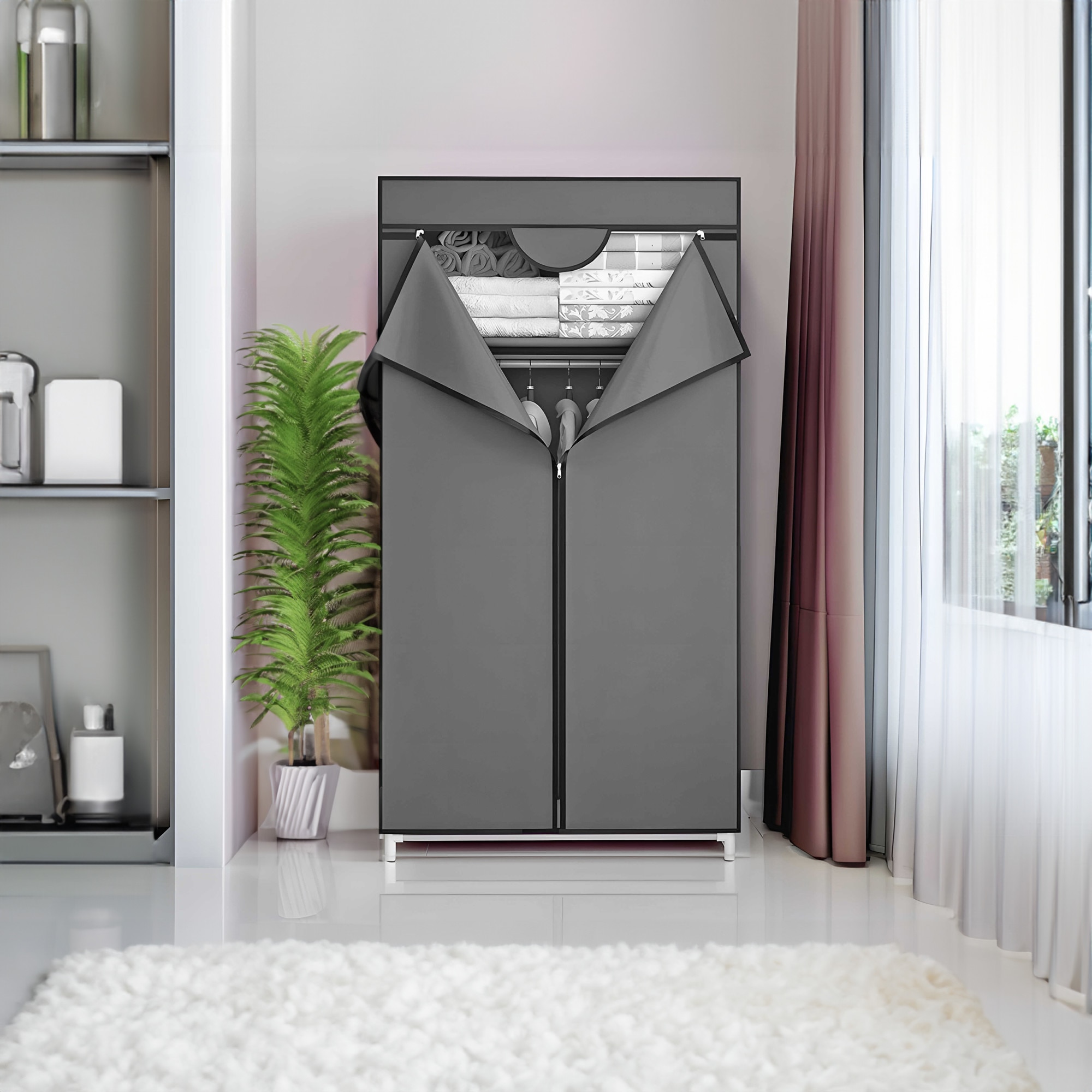 Dulap textil 2 rafturi inchidere fermoar, Gri - eMAG.ro