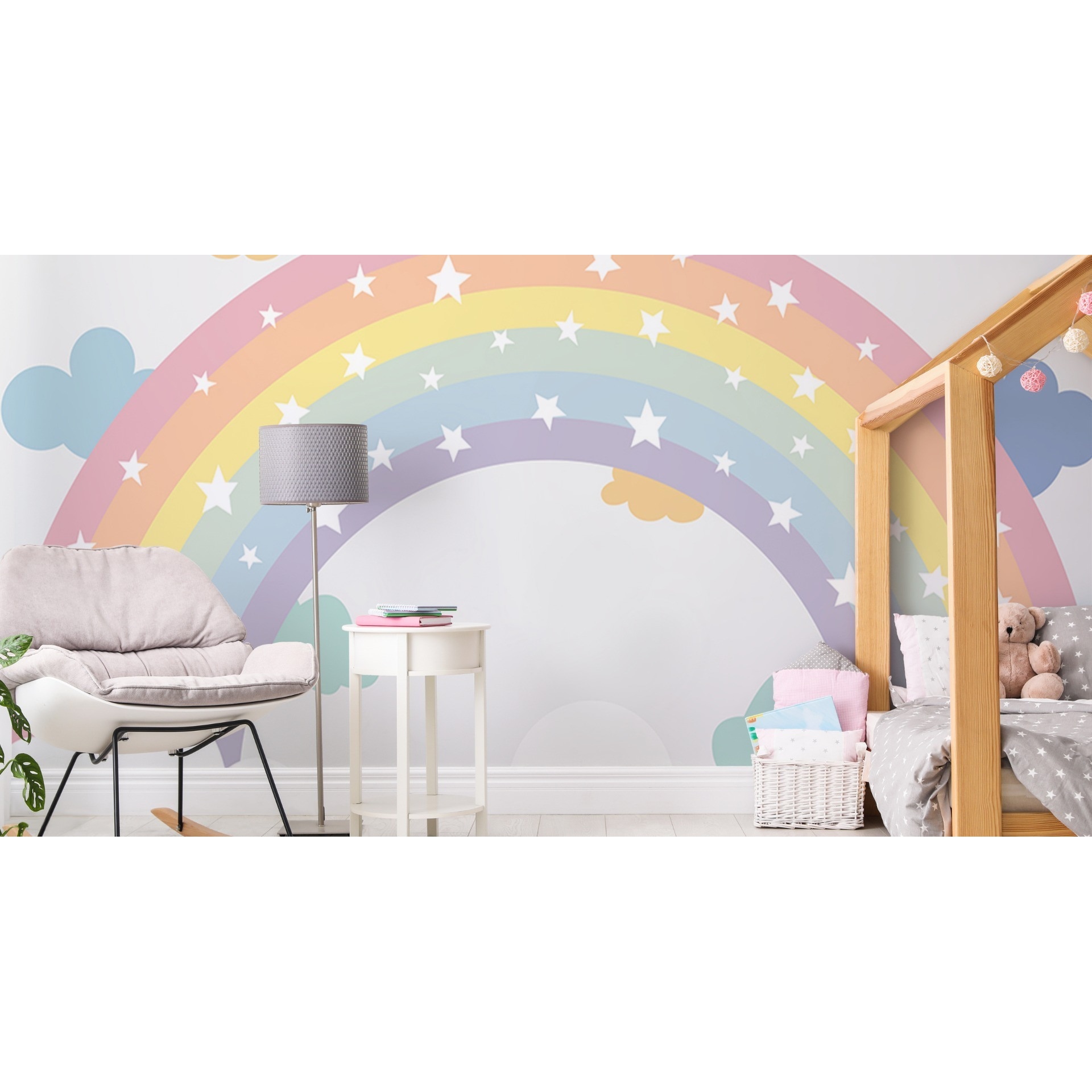 Fototapet colorat curcubeu, nori, motiv pentru o camera de copii 180 cm ...